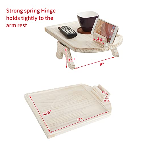 calormoss Sofa Arm Tray with 360°Rotating Phone Holder, Clip on Sofa Armrest Side Tray Table, Wood Tray Table for Couch, Armrest Tray 14" X 9", Rustic White