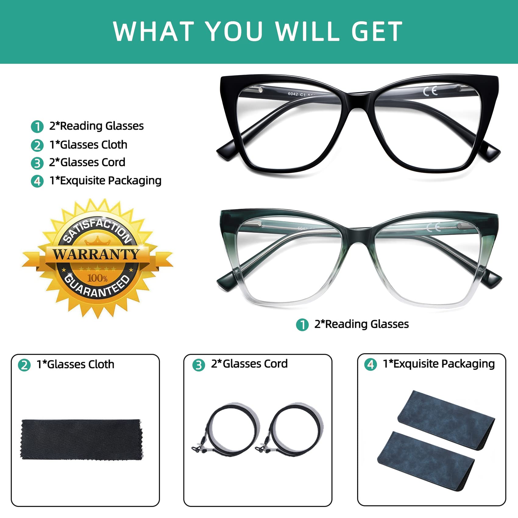 Oversized Reading Glasses Women Cat Eye Photochromic Computer Reader Stylish Ladies Designer Fashion Big Unbreakable Eyewear 2Pack Black & Dark Green +3.0x