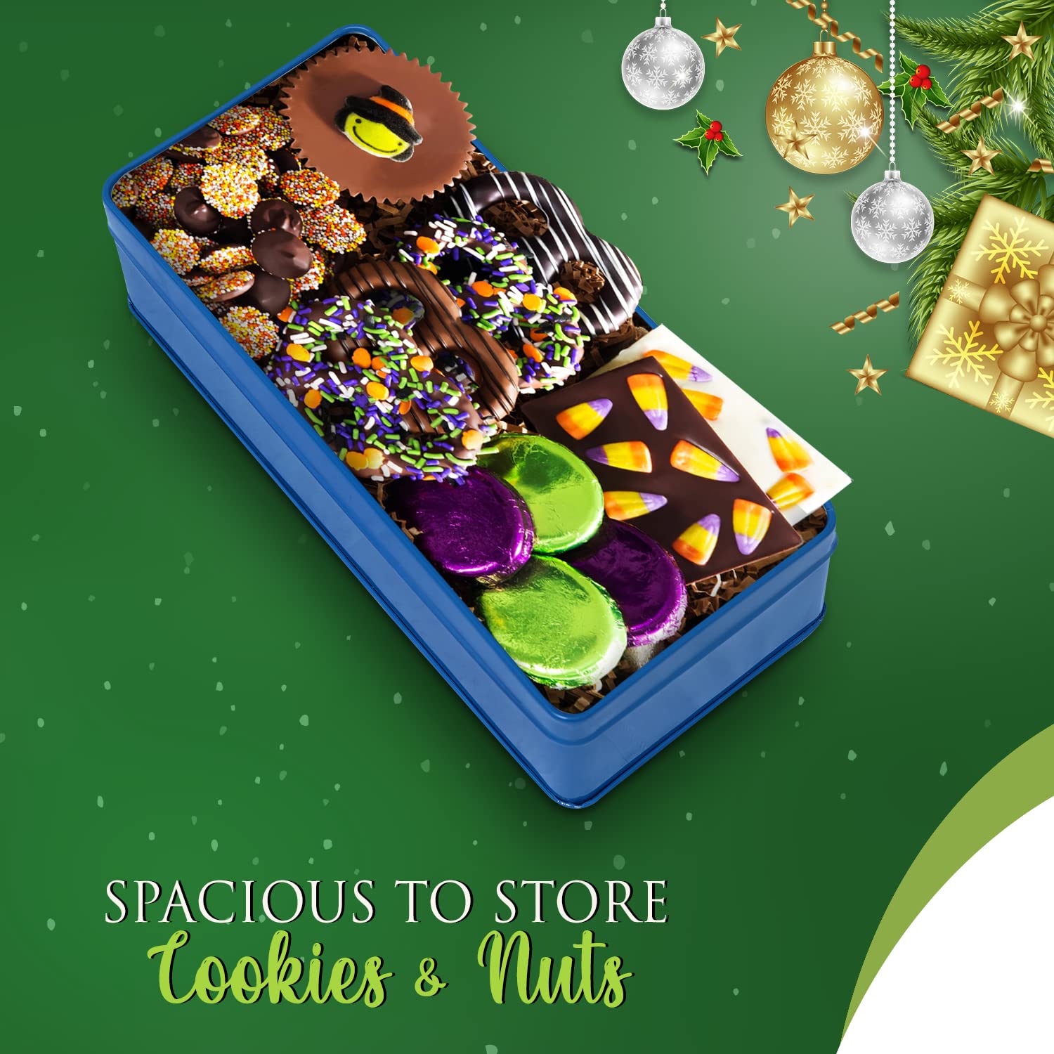 Crave Island Christmas Style Multi-Purpose Rectangular Tin Box with Lid - Metal Rectangle Box - Christmas Cookie Tin - Splendid Christmas Design - Spacious to store Sweets, Candy, and Food Storage