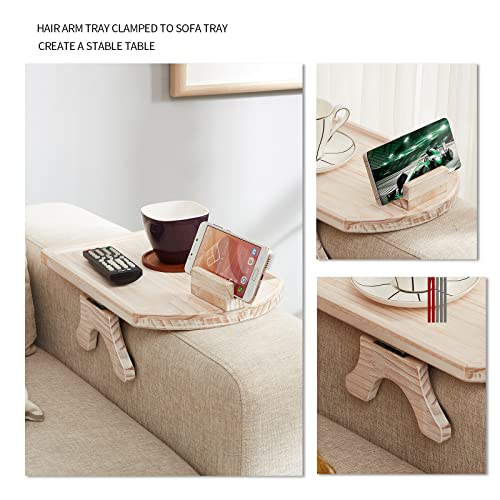 calormoss Sofa Arm Tray with 360°Rotating Phone Holder, Clip on Sofa Armrest Side Tray Table, Wood Tray Table for Couch, Armrest Tray 14" X 9", Rustic White