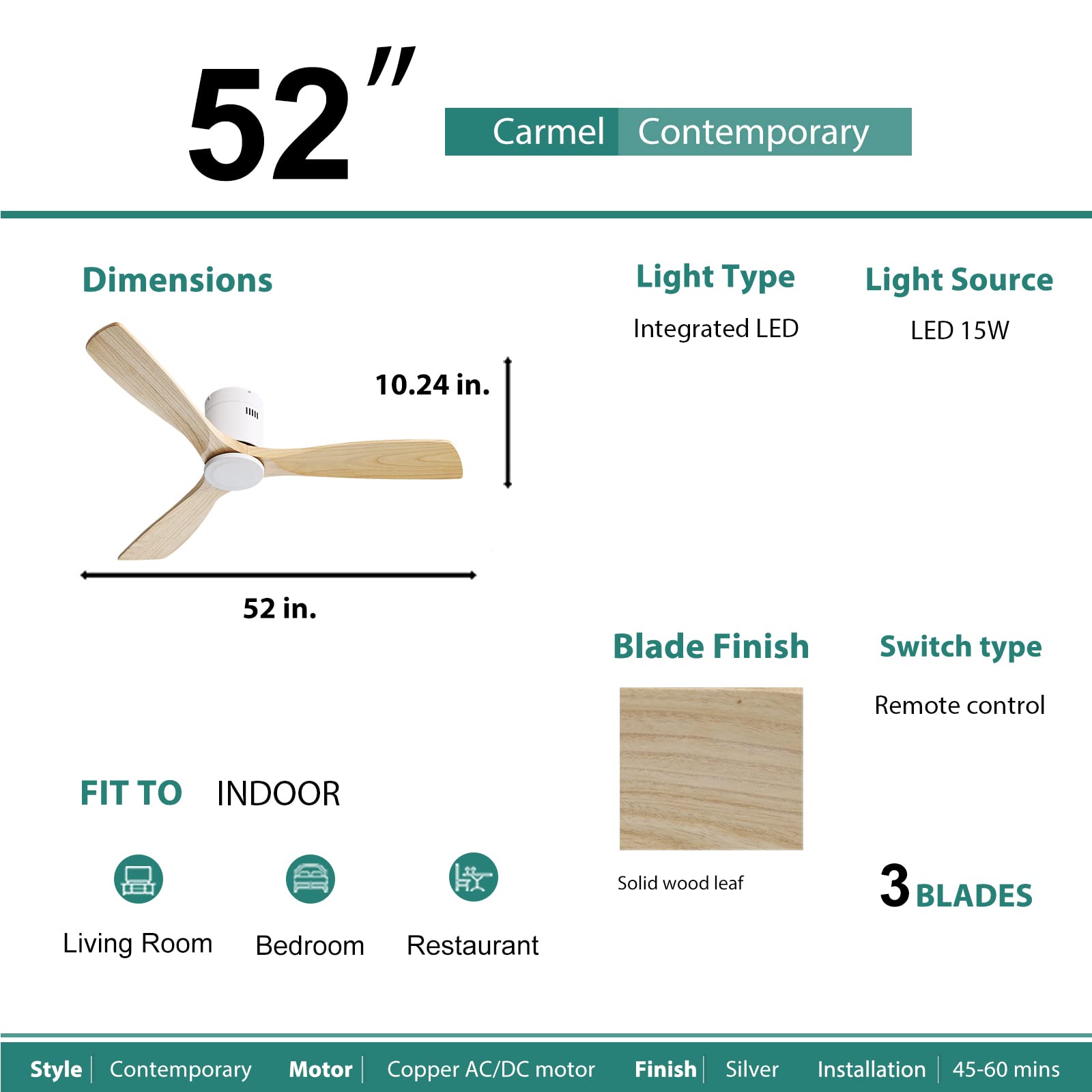 Sofucor 52 Inch Ceiling Fan Without Lights Flush Mount Ceiling Fan with Remote Control, Wood Blades Modern Outdoor Ceiling Fan No Light for Bedroom/Farmhouse/Patio/Indoor