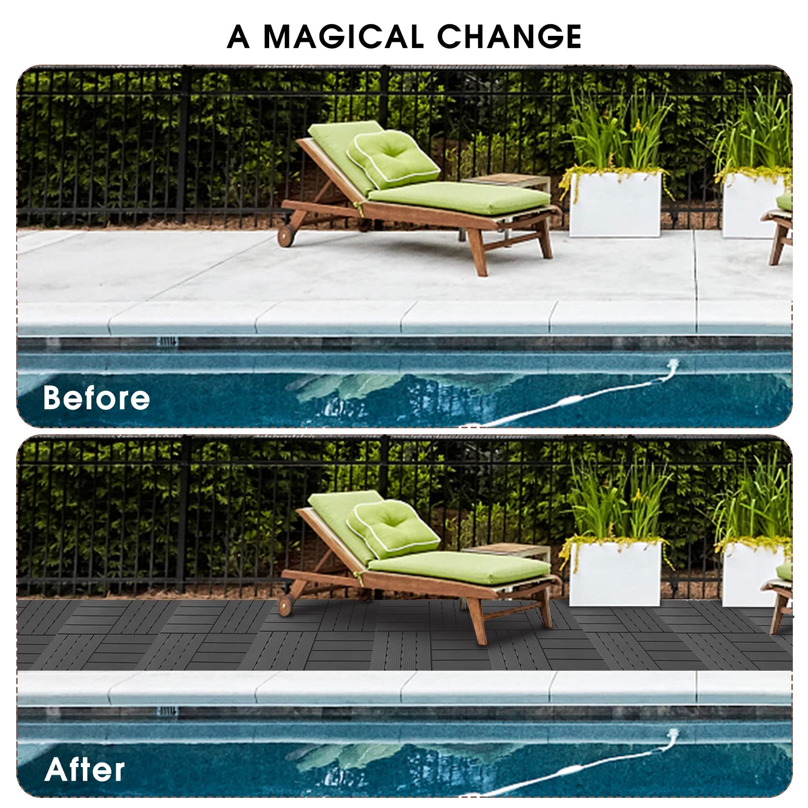 Interlocking Deck Tiles, 6 PCS 12" x 12" Patio Tiles Waterproof Plastic Outdoor Flooring Covering All Weather for Walkway Front Porch Poolside Balcony Backyard