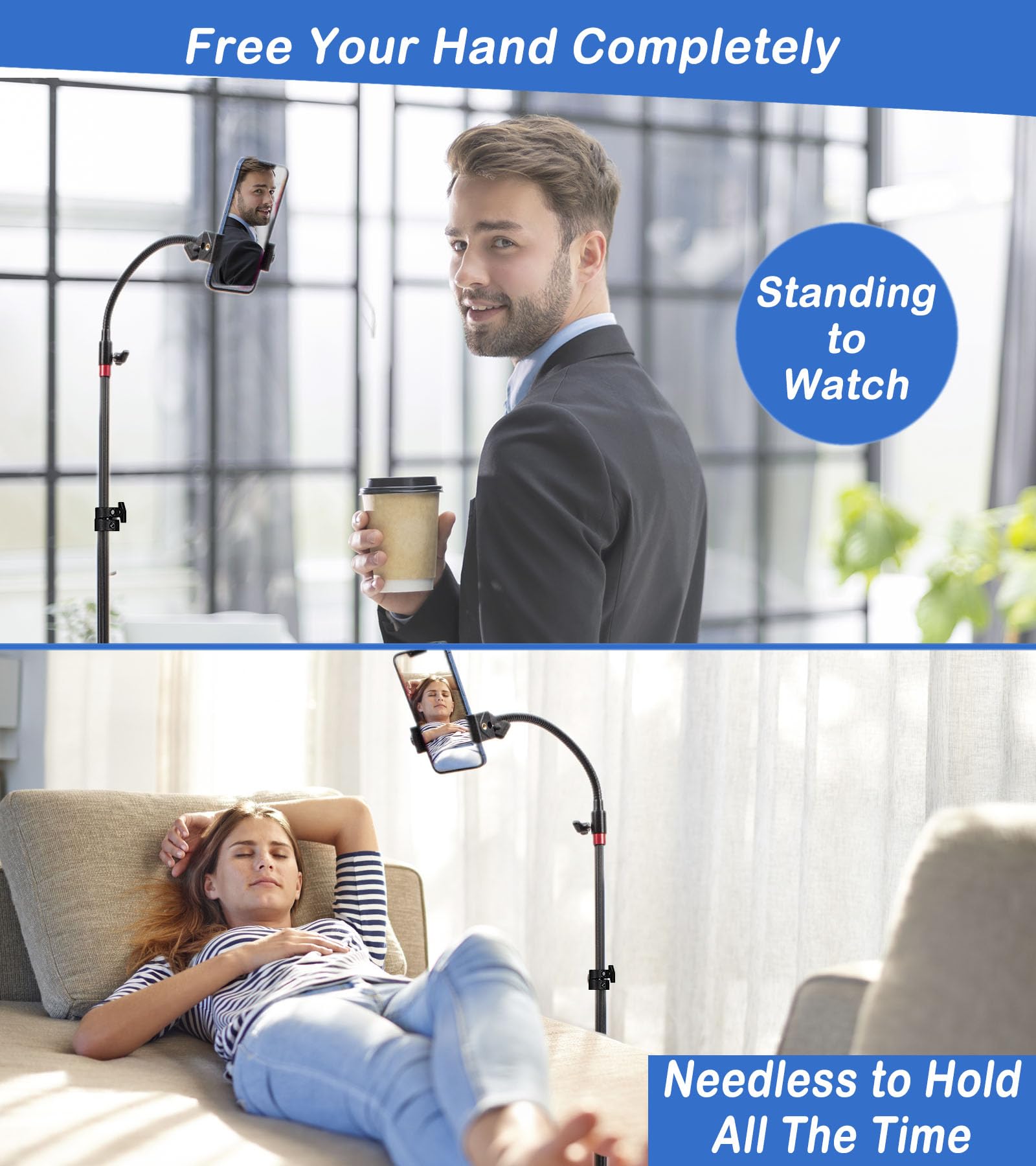 Tall Cell Phone Tripod, Phone Floor Video Tripod, Adjustable Gooseneck Phone Tripod with Carry Bag, 360 Swivel Head, Phone Clamp for iPhone16 /Pro/Pro Max/Plus/15/14/13/12/11, S22 S21