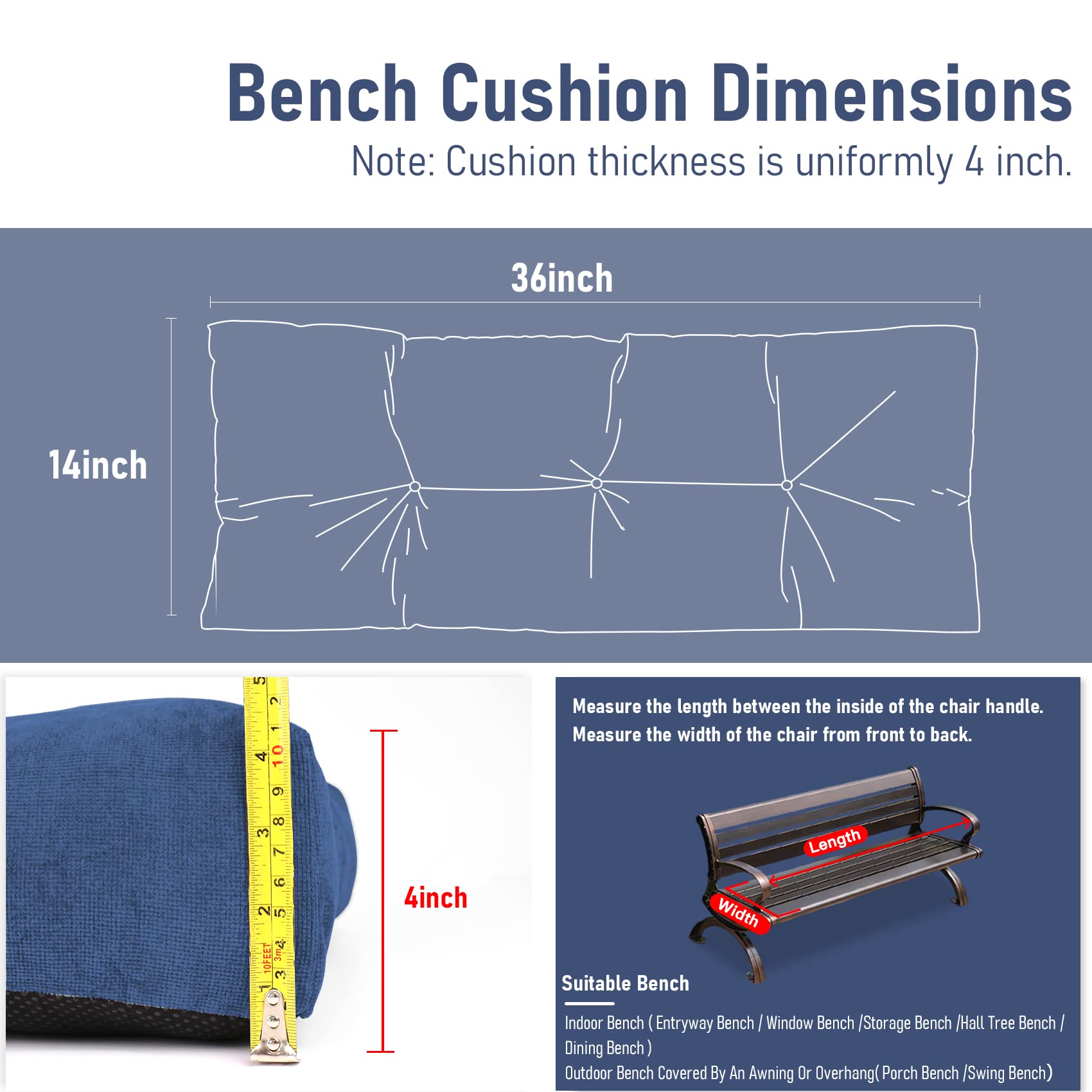 ROFIELTY Bench Cushion 36 inch, Non Slip Thickened Piano Bench Cushion, Durable Outdoor/Indoor Bench Seat Pads (36x14x4 inch, [ Indoor ] Dark Blue)
