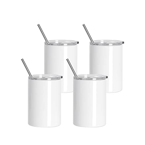PYD Life 4 Pack Sublimation Tumblers Cups Blanks with Lids and Straws White Stainless Steel Straight Tumblers for Kids,for Cricut Mug Press Sublimation Oven Printing