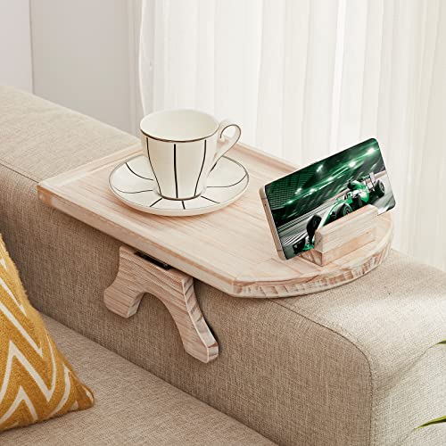 calormoss Sofa Arm Tray with 360°Rotating Phone Holder, Clip on Sofa Armrest Side Tray Table, Wood Tray Table for Couch, Armrest Tray 14" X 9", Rustic White