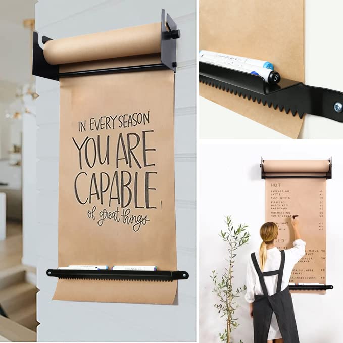 Fitous 18" Kraft Paper Dispenser Wall Mount，Butcher Paper Dispenser，Paper Roll Cutter to Do Lists,Ideal for Home,Office Wall Paper Holder with Serrated Edge Cut Bar-Black