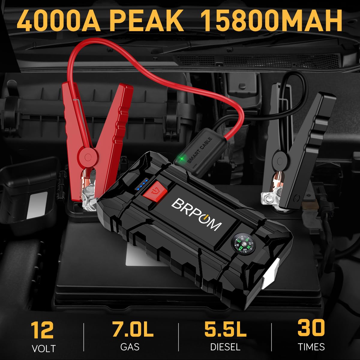 BRPOM Car Jump Starter, 4000A Peak 15800mAh (up to 7.0L Gas or 5.5L Diesel Engine, 30 Times) 12V Auto Booster Battery Pack Jump Box with Quick Charger Smart Jump Cables