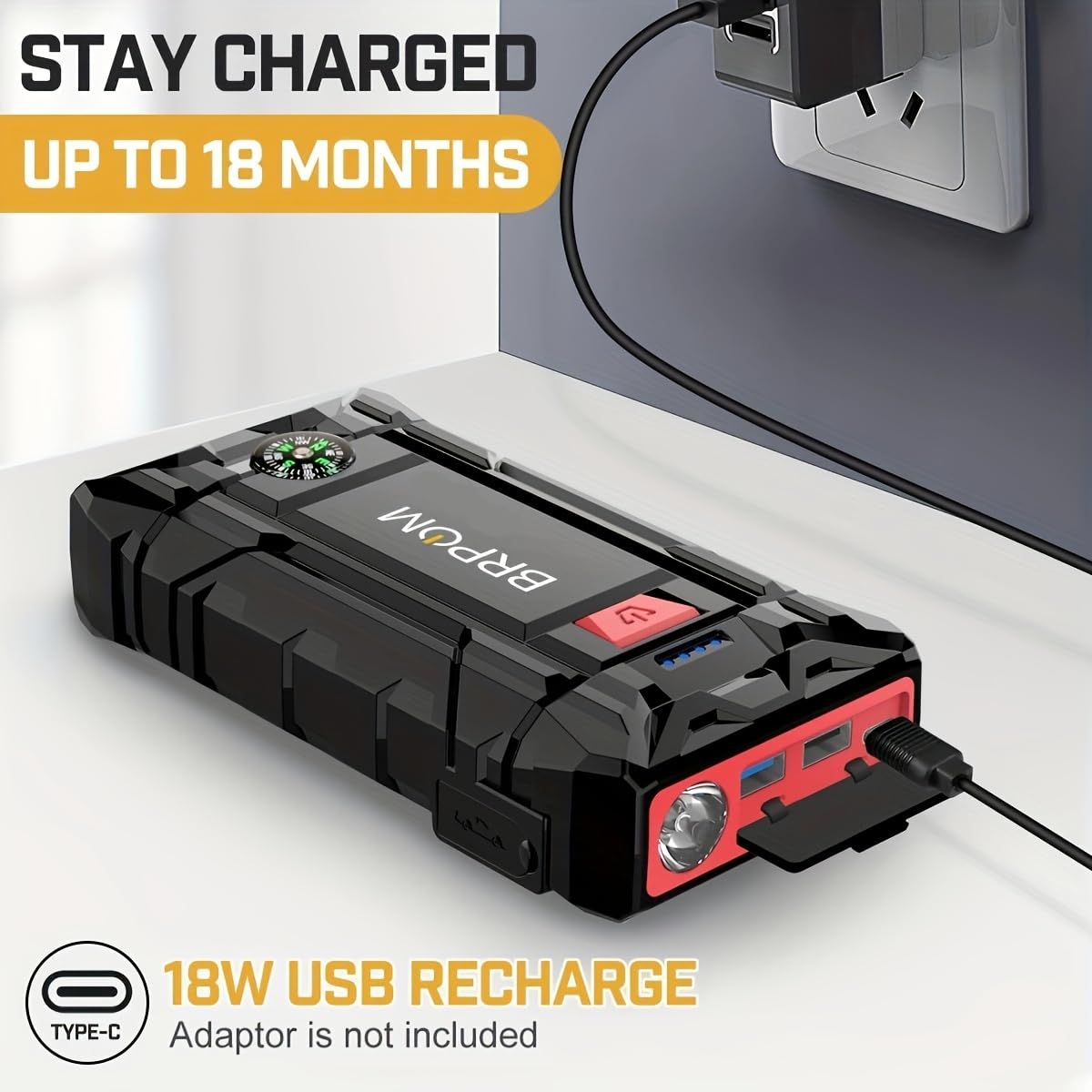 BRPOM Car Jump Starter, 4000A Peak 15800mAh (up to 7.0L Gas or 5.5L Diesel Engine, 30 Times) 12V Auto Booster Battery Pack Jump Box with Quick Charger Smart Jump Cables