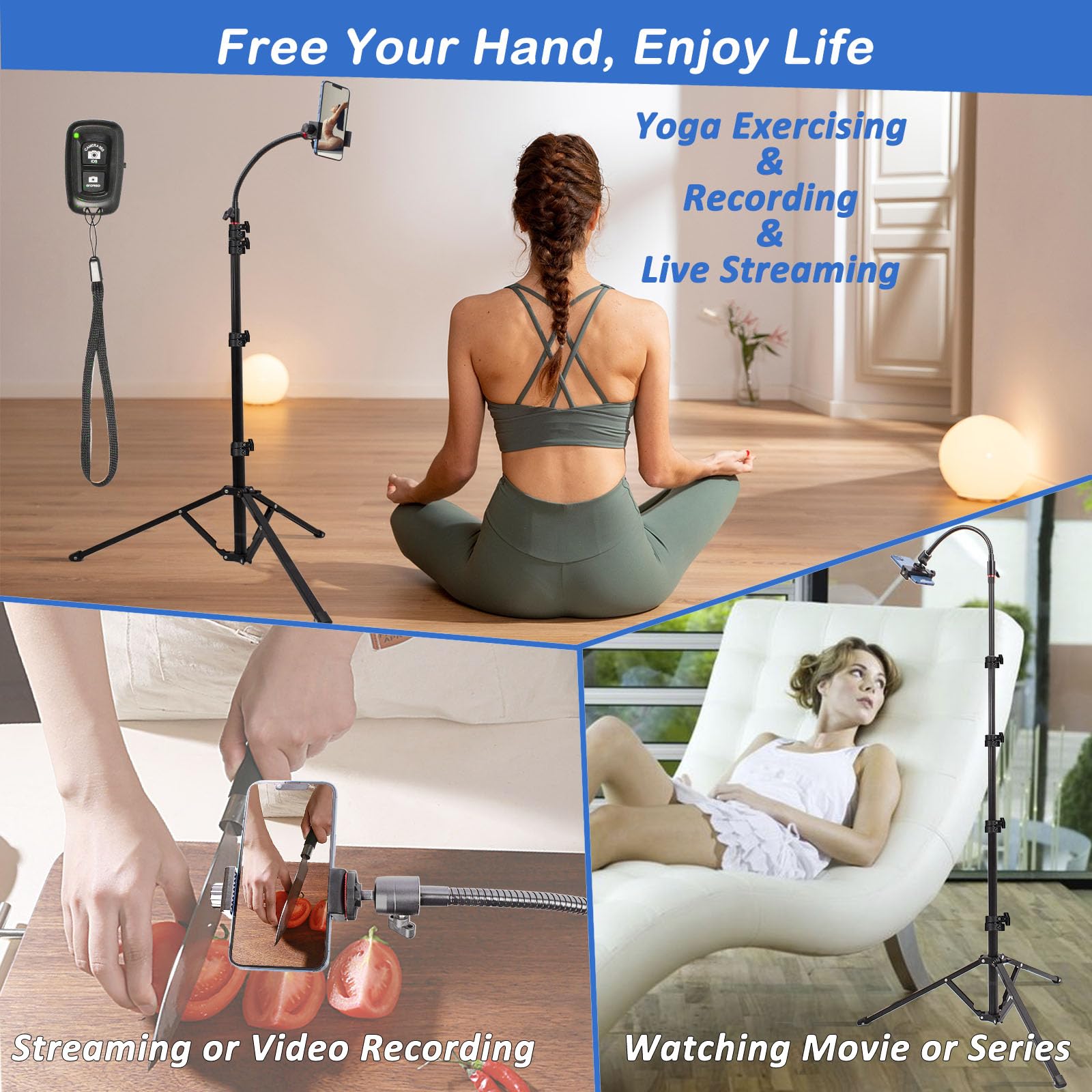 Tall Cell Phone Tripod, Phone Floor Video Tripod, Adjustable Gooseneck Phone Tripod with Carry Bag, 360 Swivel Head, Phone Clamp for iPhone16 /Pro/Pro Max/Plus/15/14/13/12/11, S22 S21