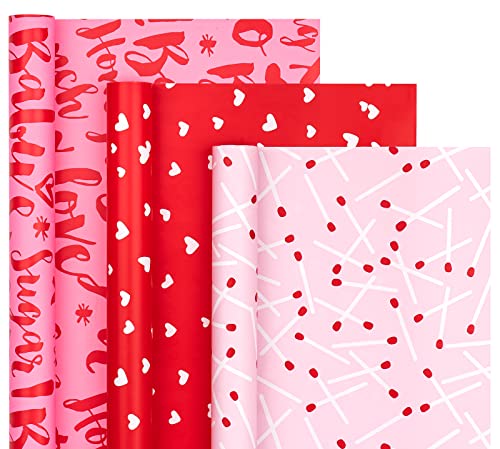 WRAPAHOLIC Valentine's Day Wrapping Paper Roll - Mini Roll - 3 Rolls - 17 Inch X 120 Inch Per Roll - Pink and Red Sweet Design for Wedding, Baby Shower and Birthday