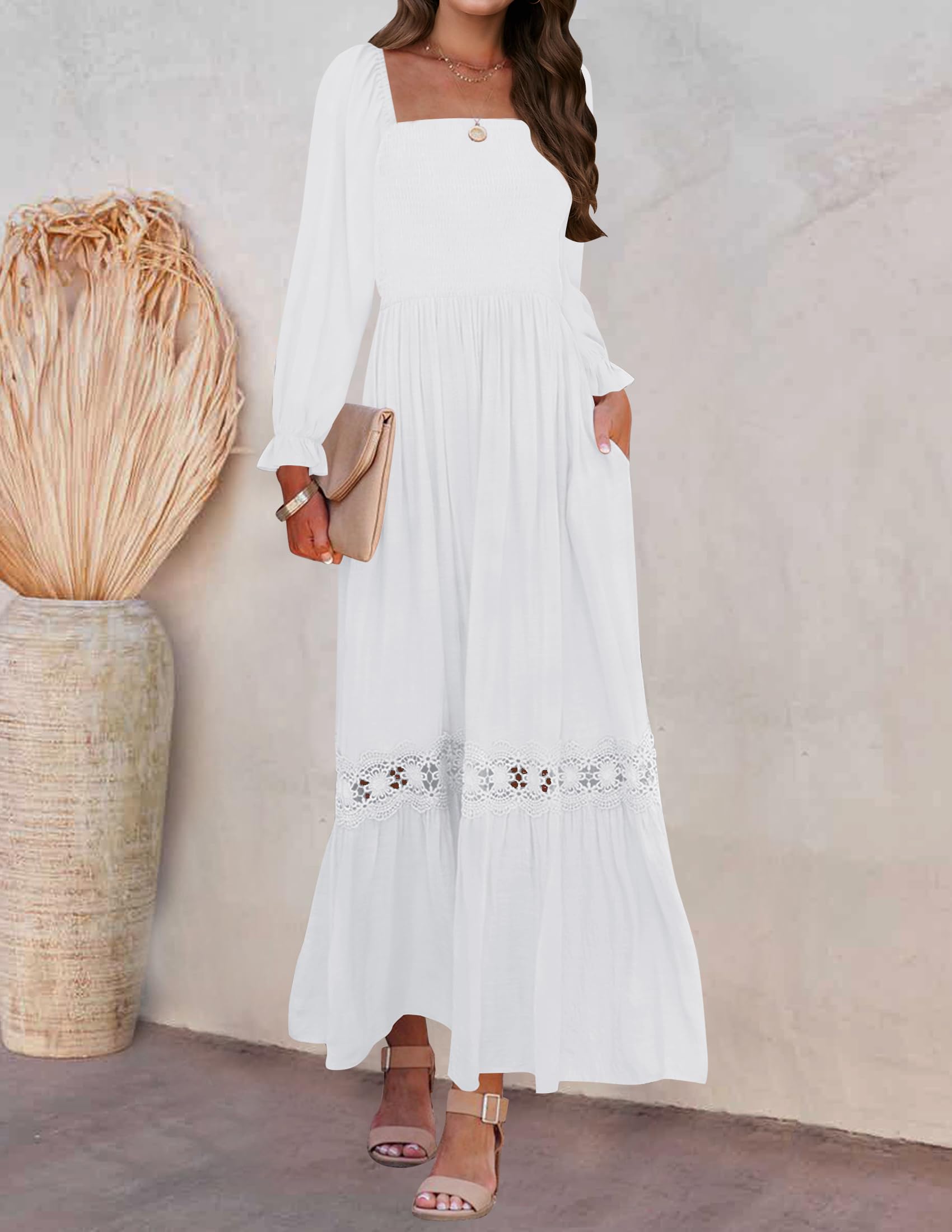 ZESICA Women's 2024 Boho Long Sleeve Square Neck Smocked High Waist Flowy A Line Lace Trim Maxi Dress White