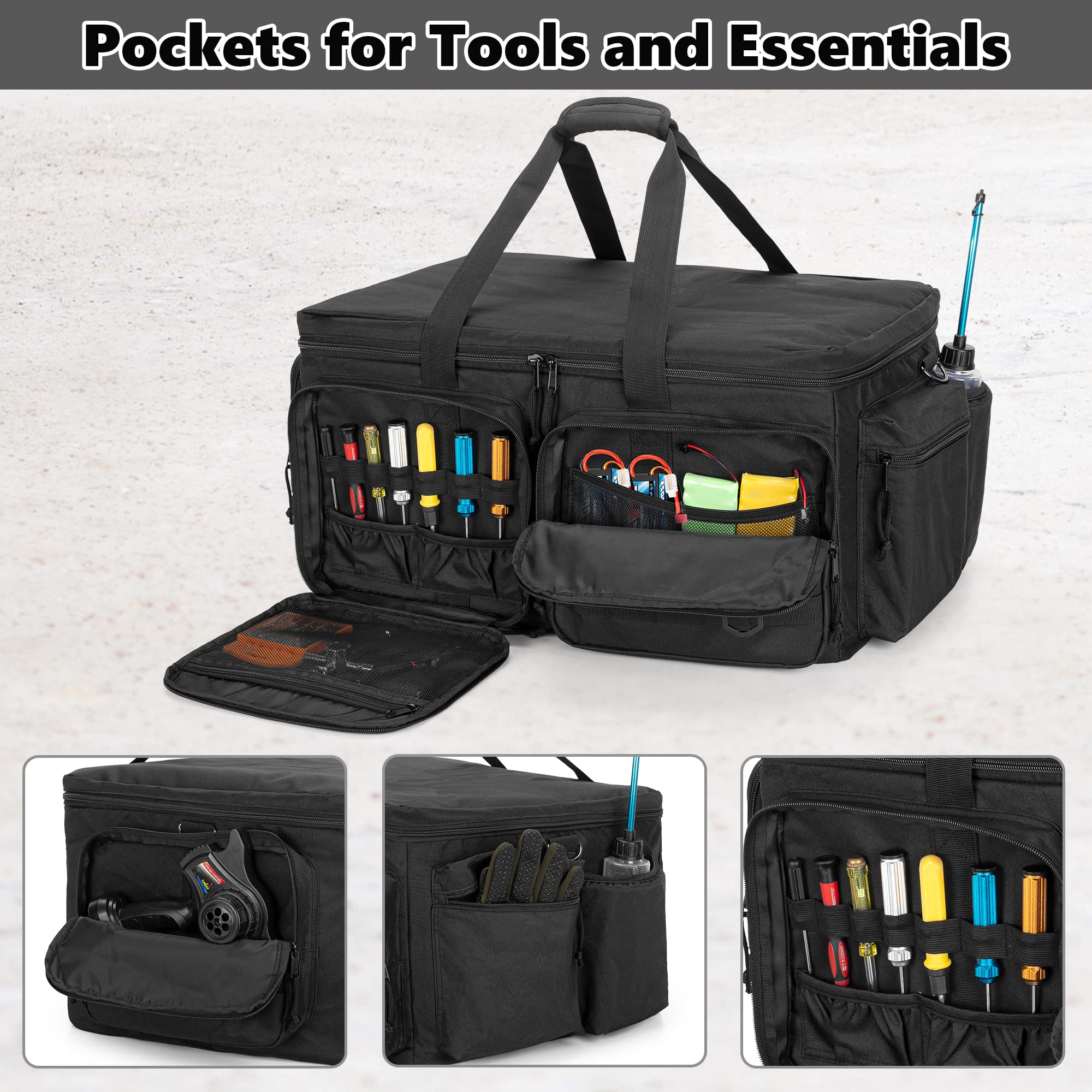 GOBUROS RC Storage Bag for 1/8 and 1/10 Car, RC Carrying Case with Bottom Solid Clapboard for Support and Multi-Pockets for RC Tools (Patent Design)