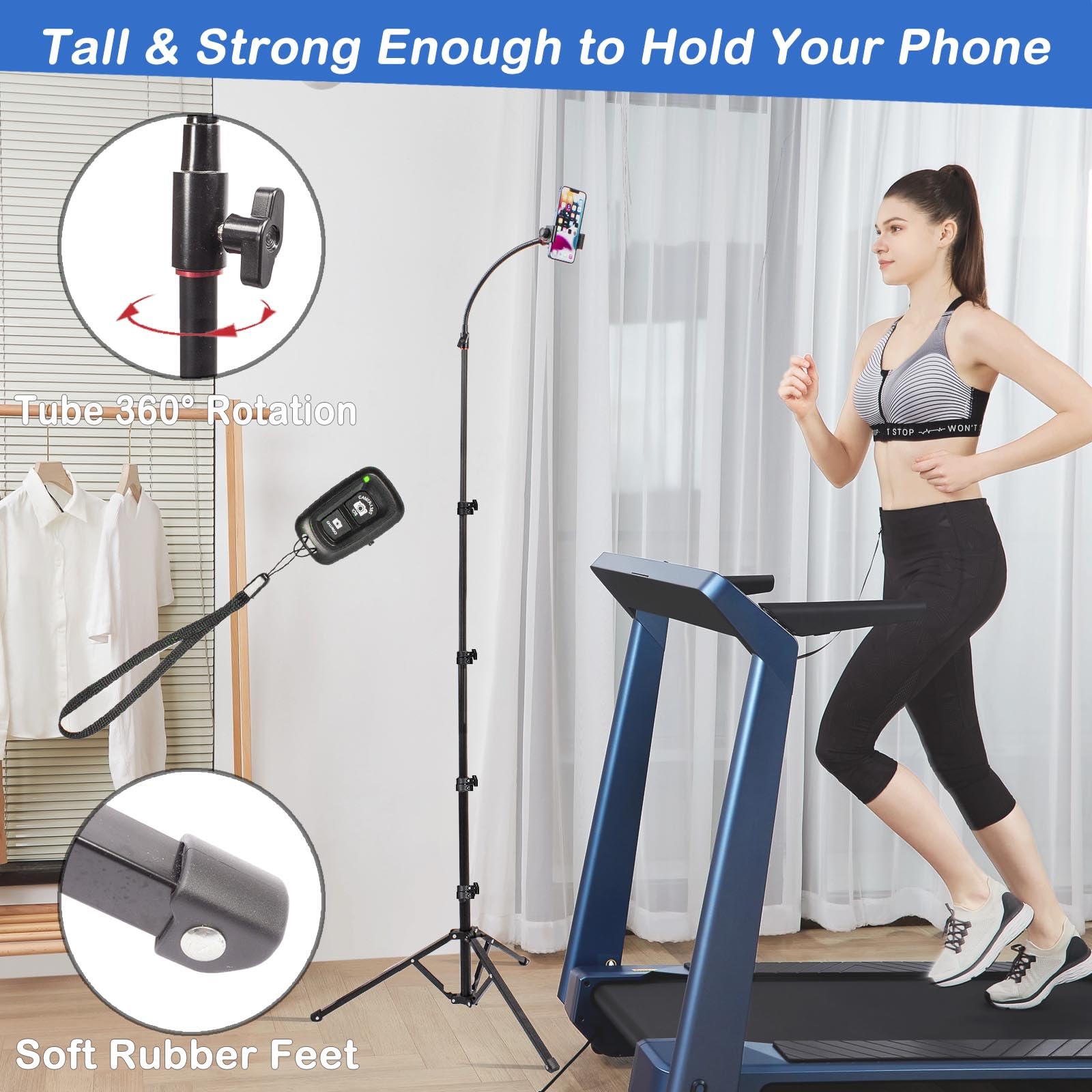 Tall Cell Phone Tripod, Phone Floor Video Tripod, Adjustable Gooseneck Phone Tripod with Carry Bag, 360 Swivel Head, Phone Clamp for iPhone16 /Pro/Pro Max/Plus/15/14/13/12/11, S22 S21