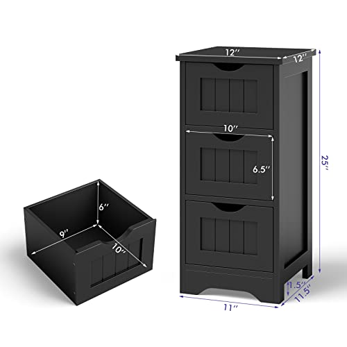 Tangkula Bathroom Floor Cabinet, Wooden Storage Cabinet with 3 Drawers, Modern Side Table, Bathroom Organizer for Home Office Bathroom Living Room (3 Drawers, Black)