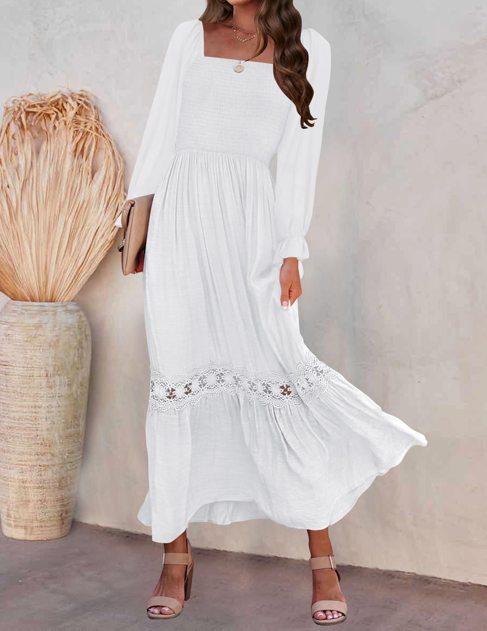 ZESICA Women's 2024 Boho Long Sleeve Square Neck Smocked High Waist Flowy A Line Lace Trim Maxi Dress White