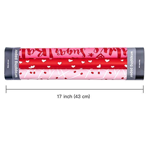 WRAPAHOLIC Valentine's Day Wrapping Paper Roll - Mini Roll - 3 Rolls - 17 Inch X 120 Inch Per Roll - Pink and Red Sweet Design for Wedding, Baby Shower and Birthday