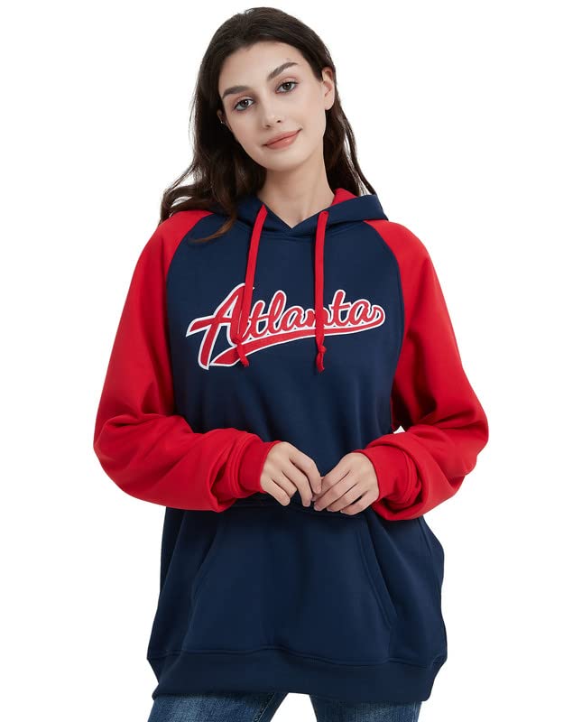 DELUSPTOMAY Mens Atlanta Baseball Team Big Embroidery Hooded Sweatshirt Pullover Casual Hoodie - Navy XL