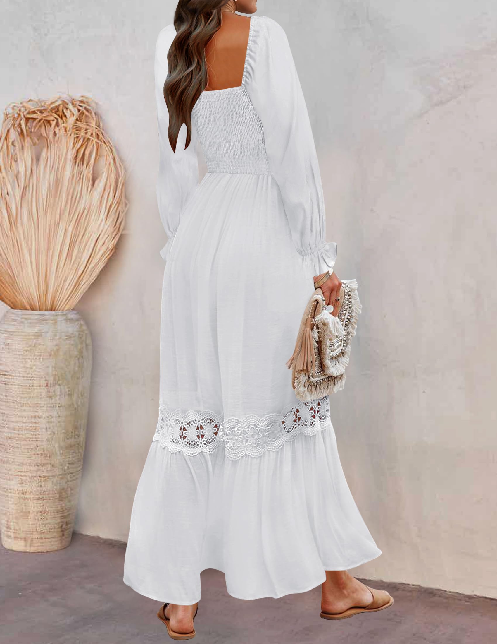 ZESICA Women's 2024 Boho Long Sleeve Square Neck Smocked High Waist Flowy A Line Lace Trim Maxi Dress White