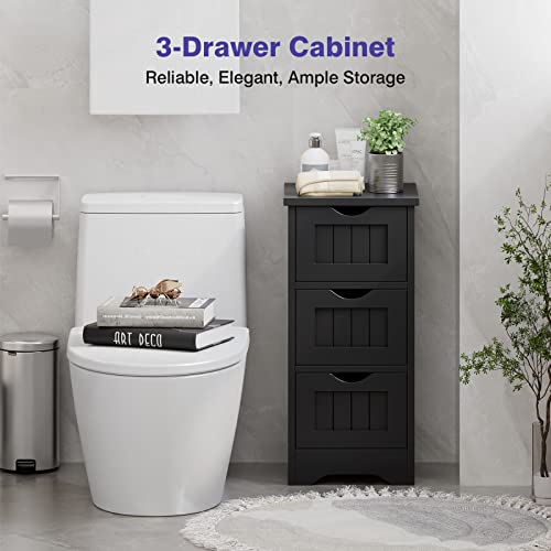 Tangkula Bathroom Floor Cabinet, Wooden Storage Cabinet with 3 Drawers, Modern Side Table, Bathroom Organizer for Home Office Bathroom Living Room (3 Drawers, Black)