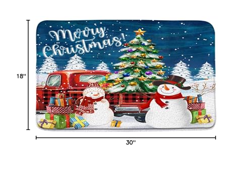 Snowman Bath Mat Merry Christmas Tree Red Truck Car Winter Home Bathroom Bedroom Kitchen Rug Soft Memory Foam Backing , 18x30 Inch