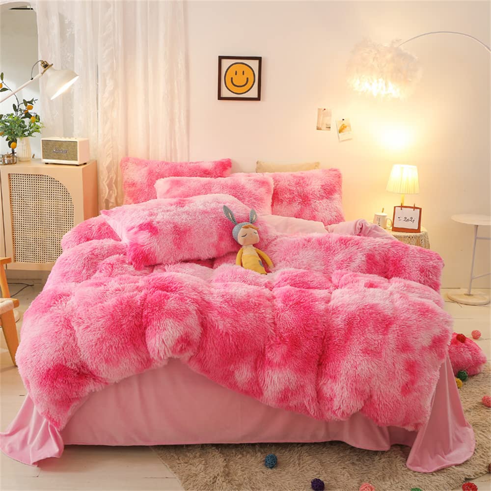 chovy Faux Fur Tie-Dyed Pink White Red Colorful Comforter Cover Duvet Cover Queen - 3PC Bed Set Ultra Soft Plush Flannel Velvet Fluffy Fuzzy Bedding(Duvet Cover x 1 Pillowcases x 2