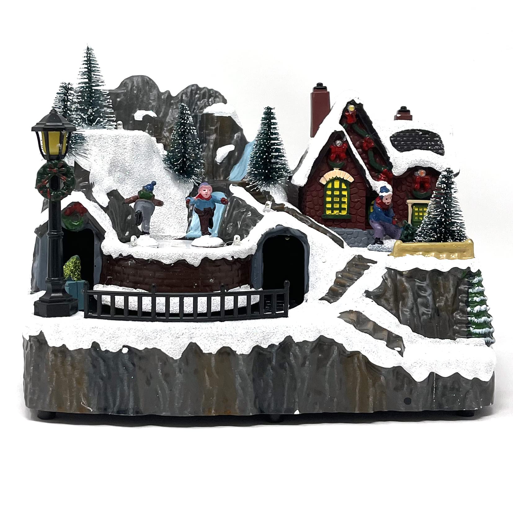 allgala Crafted Polyresin Christmas House Collectable Figurine with USB and Battery Dual Power Source-Moving Train and Skaters-XH93445