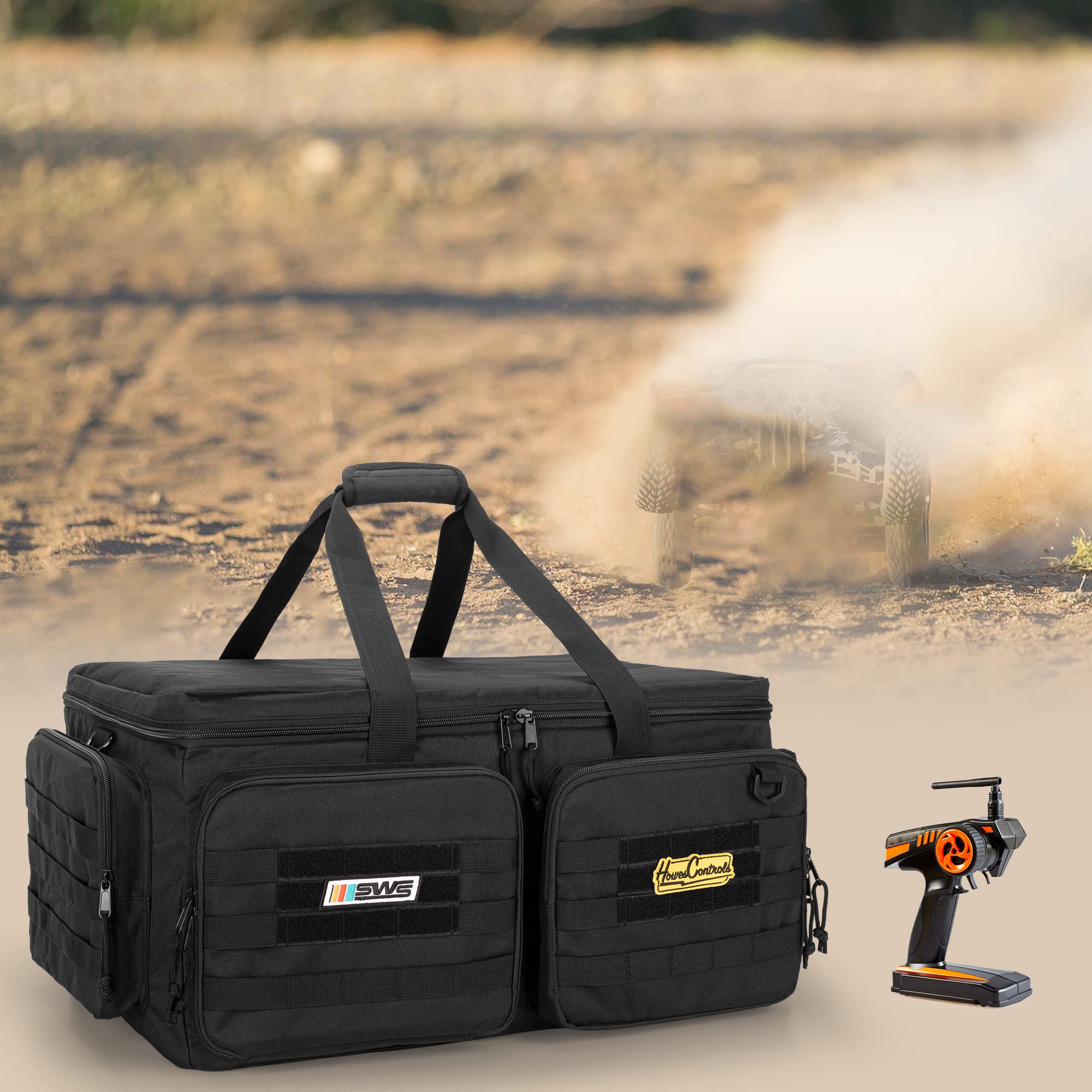 GOBUROS RC Storage Bag for 1/8 and 1/10 Car, RC Carrying Case with Bottom Solid Clapboard for Support and Multi-Pockets for RC Tools (Patent Design)