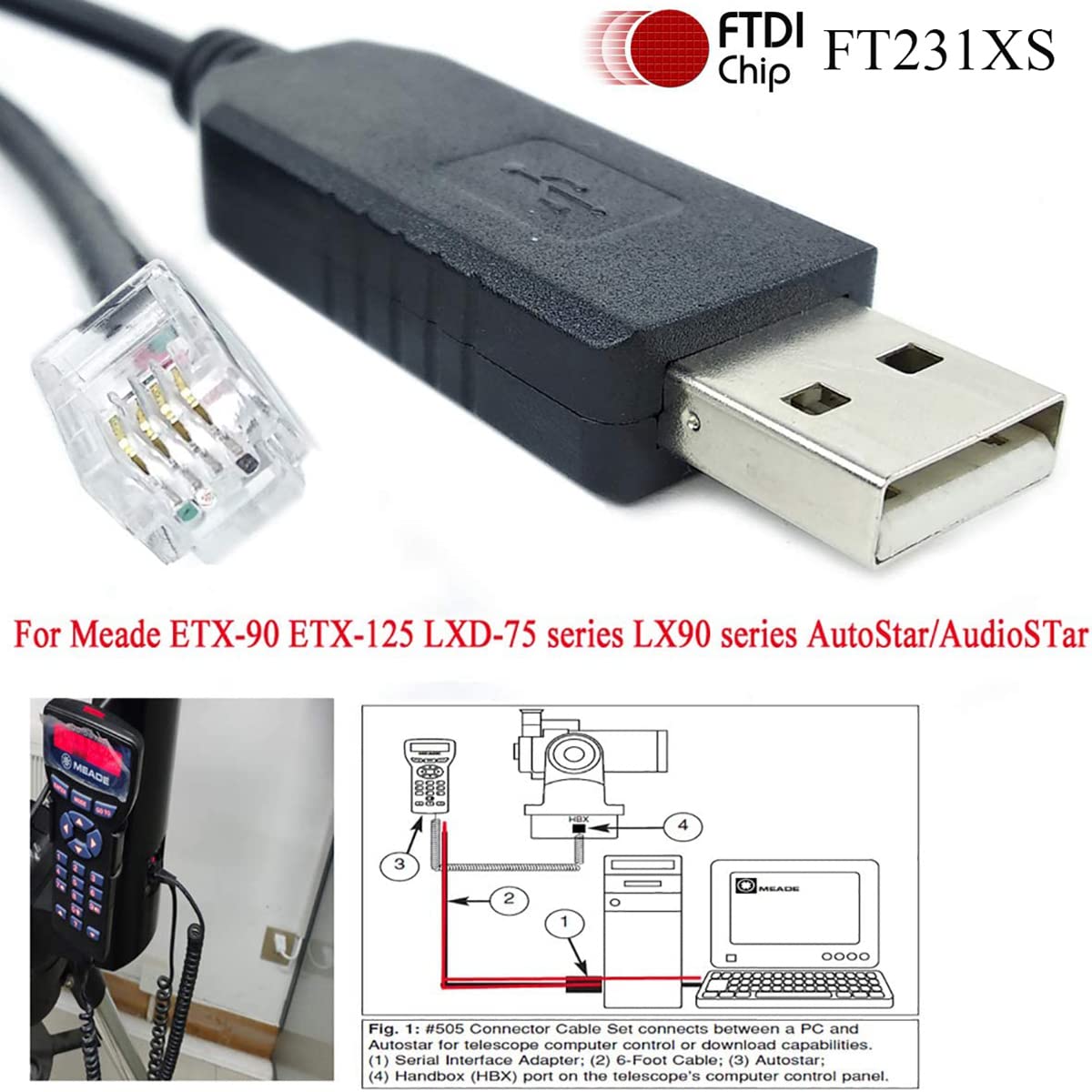 Usangreen USB to RJ9 RJ10 4P4C FT231XS RS232 Interface Handbox Control Cable for Meade 505 ETX-90 ETX-105 ETX-125 LXD75 LX80 LX90 497 AutoStar Audiostar (Length:3.2FT)