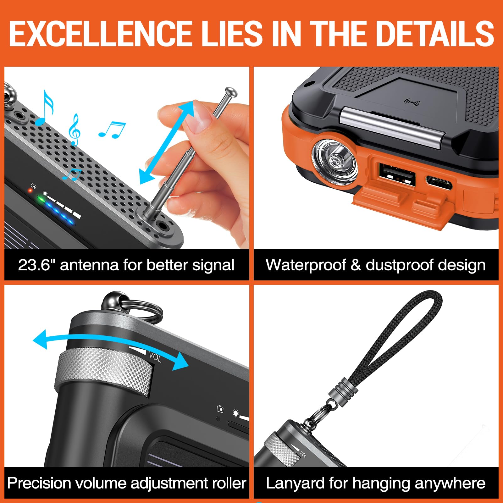 Solar Power Bank 36800mAh, Emergency FM Radio & Bluetooth Speaker, Built-in 2 Cables and Kickstand 15W Fast Charging LED Flashlight, USB C Input/Output Compatible with All Mobile Devices (Black)