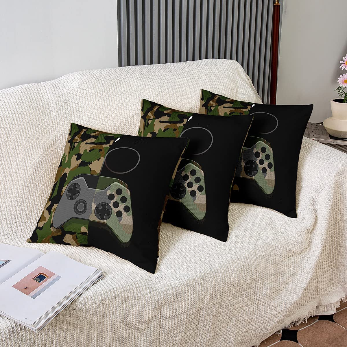 Gamer Throw Pillow Covers 16x16 Set of 2, Camo Gaming Pillow Covers For Kids Teens Man, Camouflage Glitter Honeycomb Cushion Covers, Game Console Decorative Accent Pillow Cases, Green Yellow