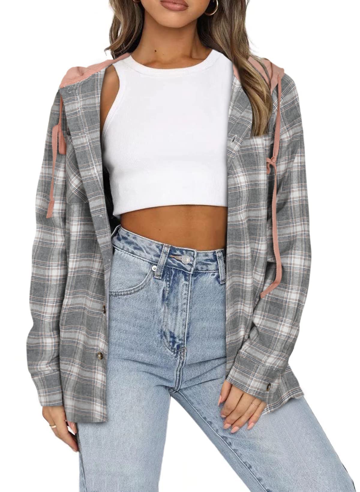 Knemksplanet Women Plaid Hooded Shirt Drawstring Flannel Sweatshirt Hoodie Jacket Casual Button Down Blouse Tops with Pocket Gray
