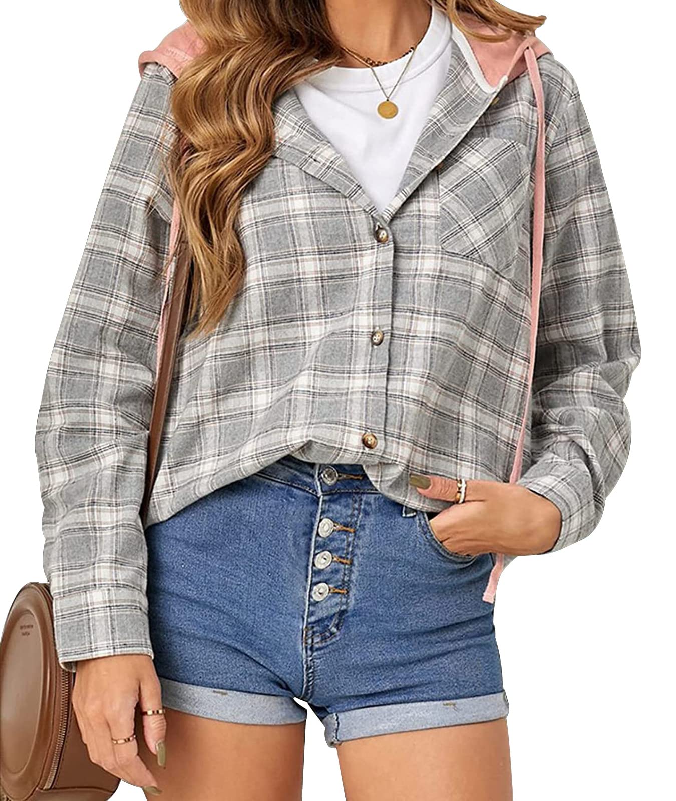 Knemksplanet Women Plaid Hooded Shirt Drawstring Flannel Sweatshirt Hoodie Jacket Casual Button Down Blouse Tops with Pocket Gray