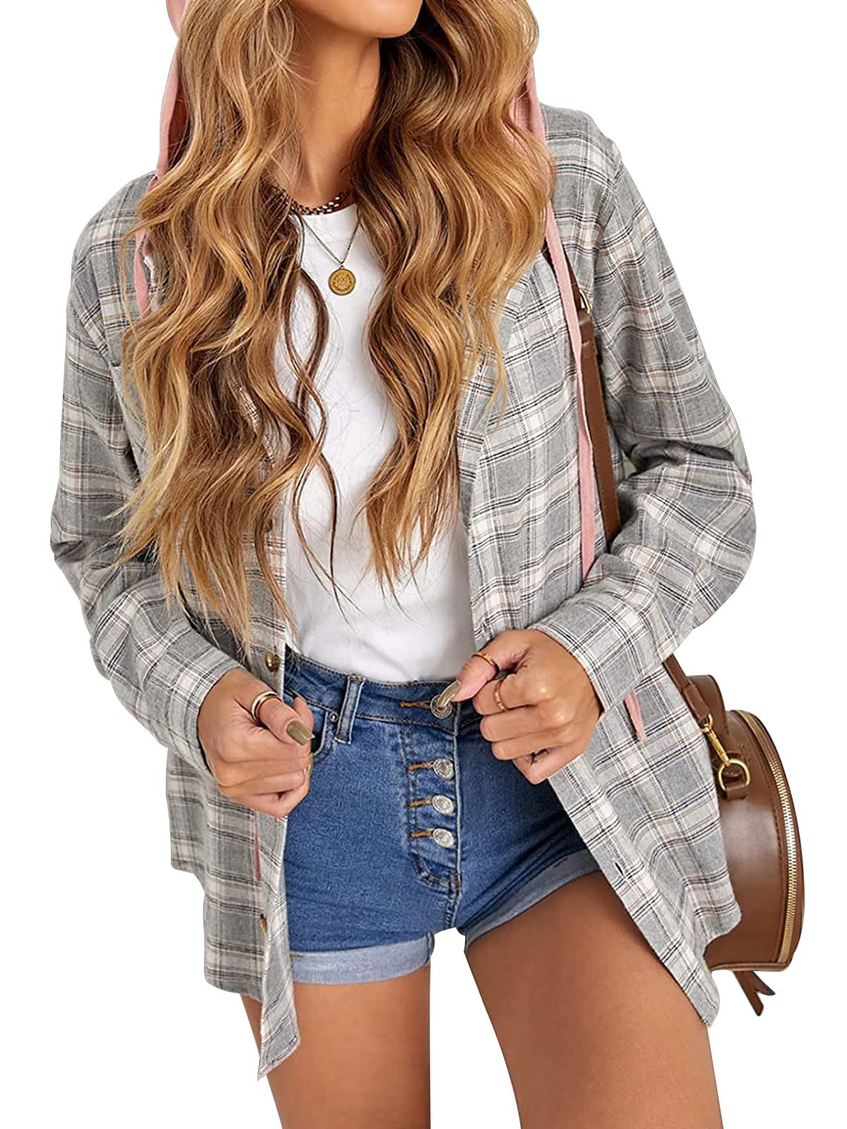 Knemksplanet Women Plaid Hooded Shirt Drawstring Flannel Sweatshirt Hoodie Jacket Casual Button Down Blouse Tops with Pocket Gray
