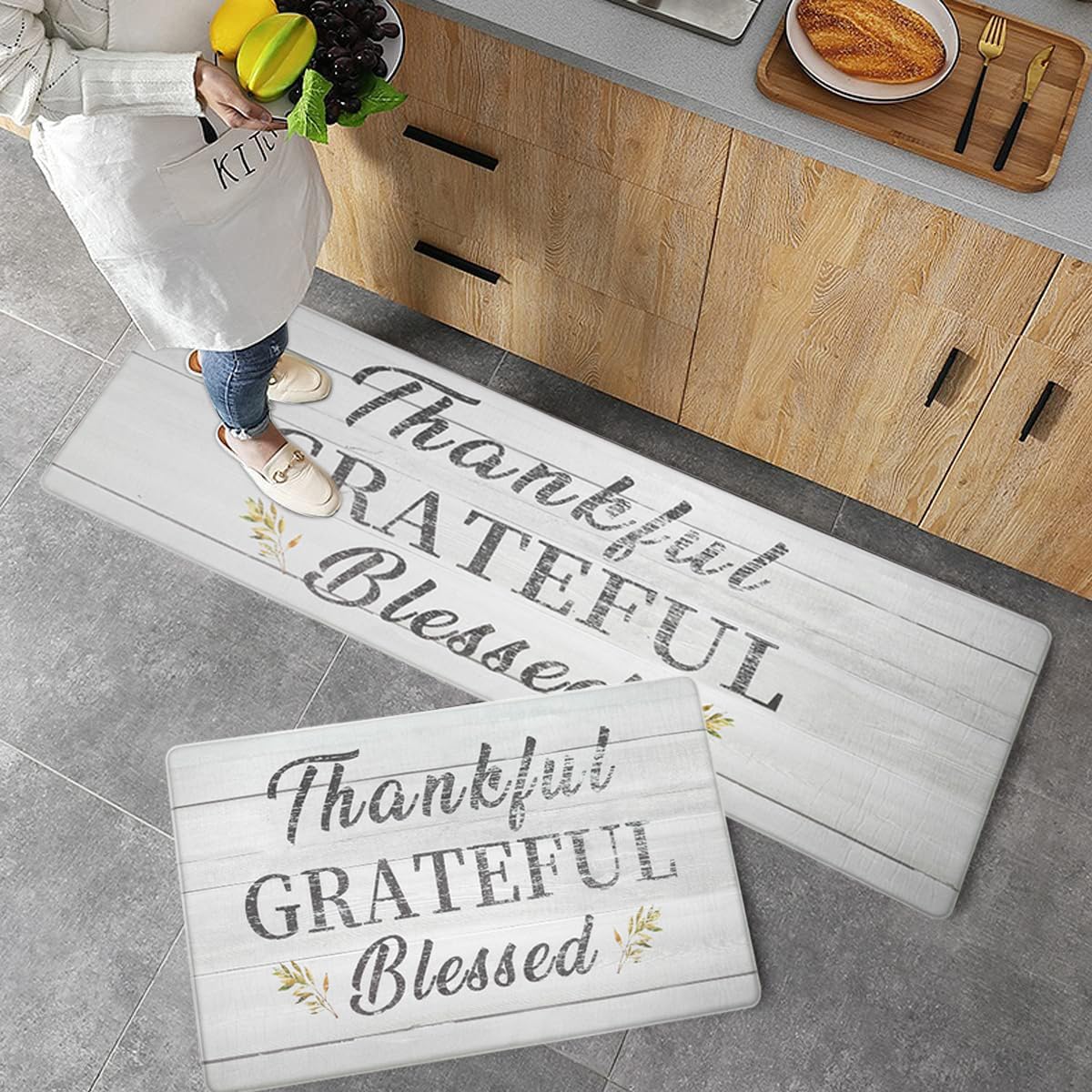 Kitchen Mats 2 PCS Set - Anti Fatigue Stain Resistant Padded Cushioned Memory Foam Floor Comfort Mats for Home Garage and Office Standing Desk 17" x 30" and 17" x 48"
