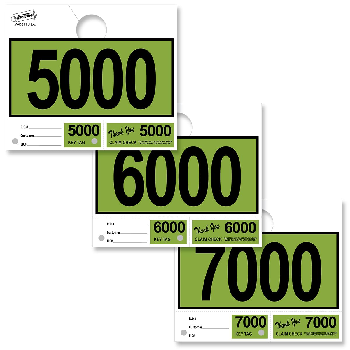 3000 Automotive 3 Part Service Dispatch Numbers Mirror Hang Tags Numbered 5000, 6000, 7000 RL78 Style Color Coded Lime Green Service Dispatch Numbers with 1.25” Slotted Hang Tag Cutout