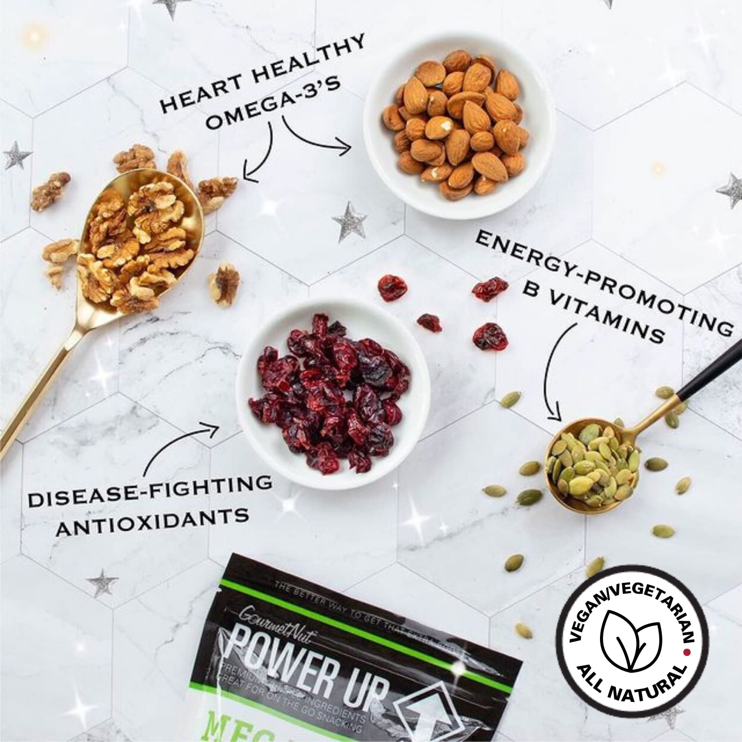 Power Up Mega Omega Trail Mix By Gourmet Nut -100% Natural Keto & Paleo Friendly Non GMO Vegan Gluten Free Certified Kosher - Shareable Dried Fruit & Mixed Nuts Protein Snacks, 8oz Bags (Pack of 4)