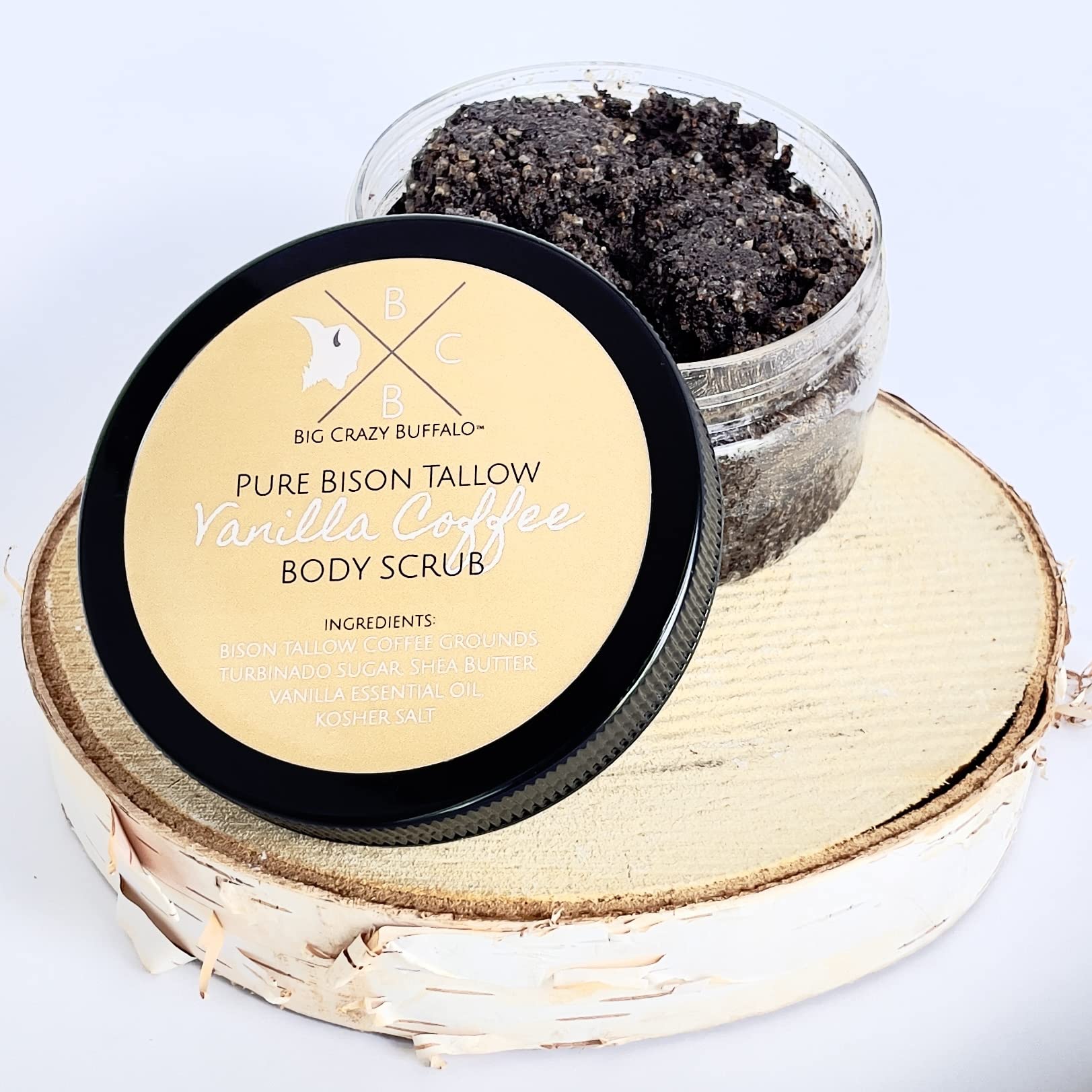 Big Crazy Buffalo Pure Bison Tallow Vanilla Coffee Body Scrub - Luxurious, Smooth Skin, Soften, Cleans and Smooths, Exfoliating, Hands, Feet, Essential Oils, Sugary, Salty, Exfoliate & Moisturize