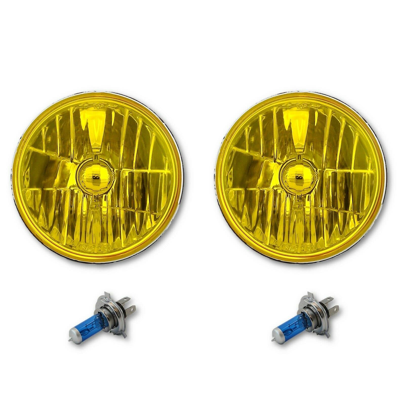 Octane Lighting 7 Inch H6024/6014 Yellow Amber Crystal Glass Headlight H4 Halogen Fog Light Pair