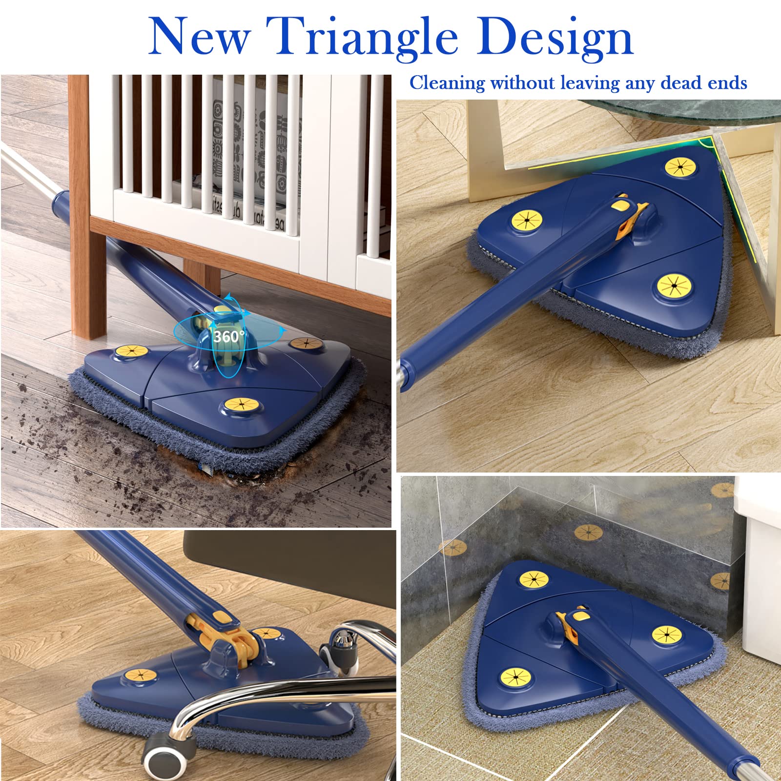 360° Rotatable Adjustable Cleaning Mop, Triangle Microfiber Mop with Long Handle, 6 Replaceable Reusable Washable Mop Pads, mops for Floor/Ceiling/Corner/Glass Cleaning