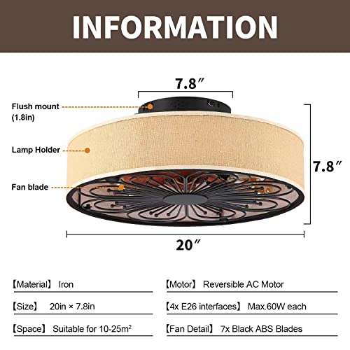 HUOGME 20" Caged Ceiling Fan with Light : Low Profile Fabric Farmhouse Remote Control Flush Mount Enclosed Ceiling Fan with Light for Bedroom Living Room Kitchen Indoor (Ginger)