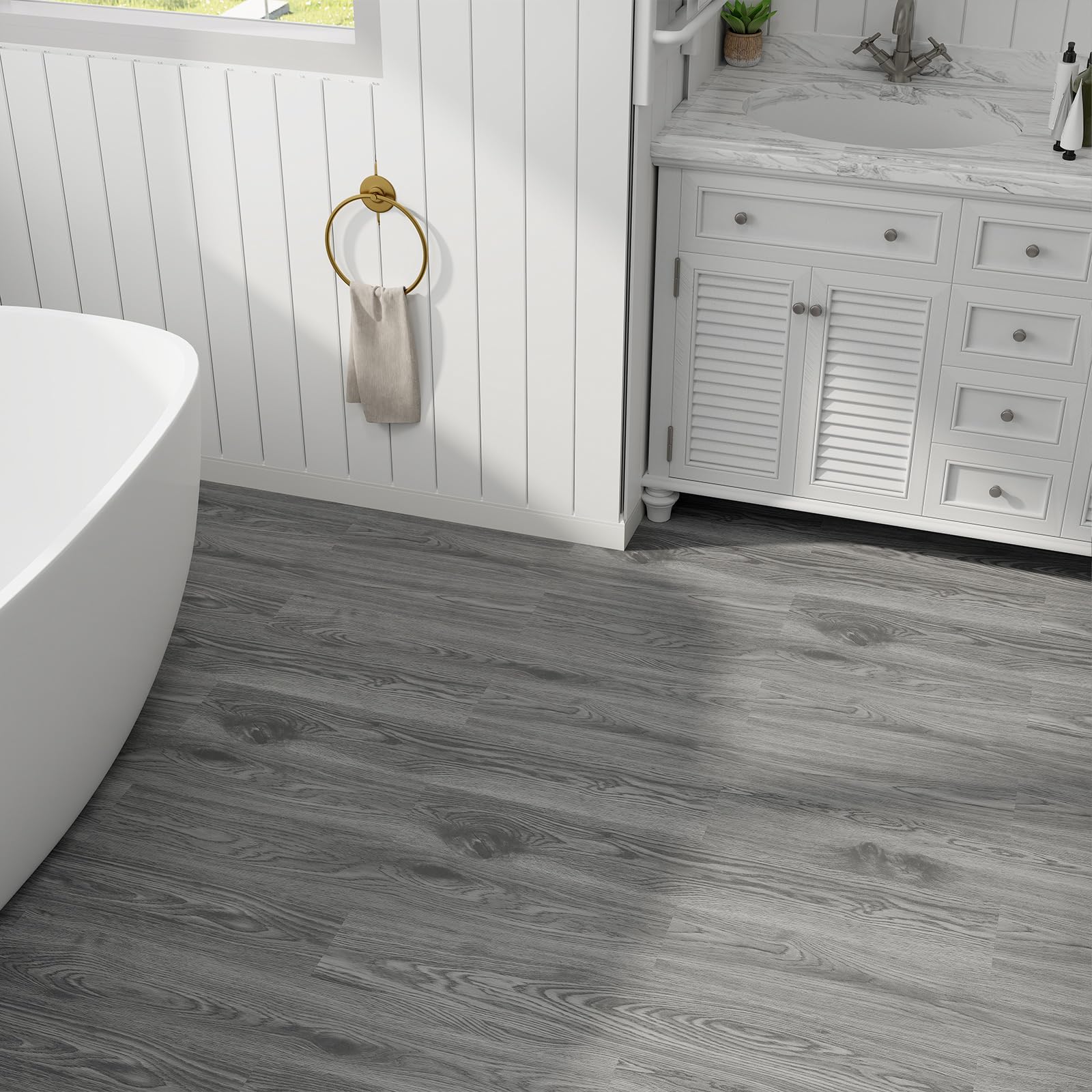 Mysflosy Peel and Stick Floor Tiles, Self-Adhesive Luxury Vinyl Flooring Plank, 6x36inch 36pack 54 Sq.Ft, Waterproof DIY Deep Wood Grain Planks Easy to Install for Kitchen, Living Room, Light Grey