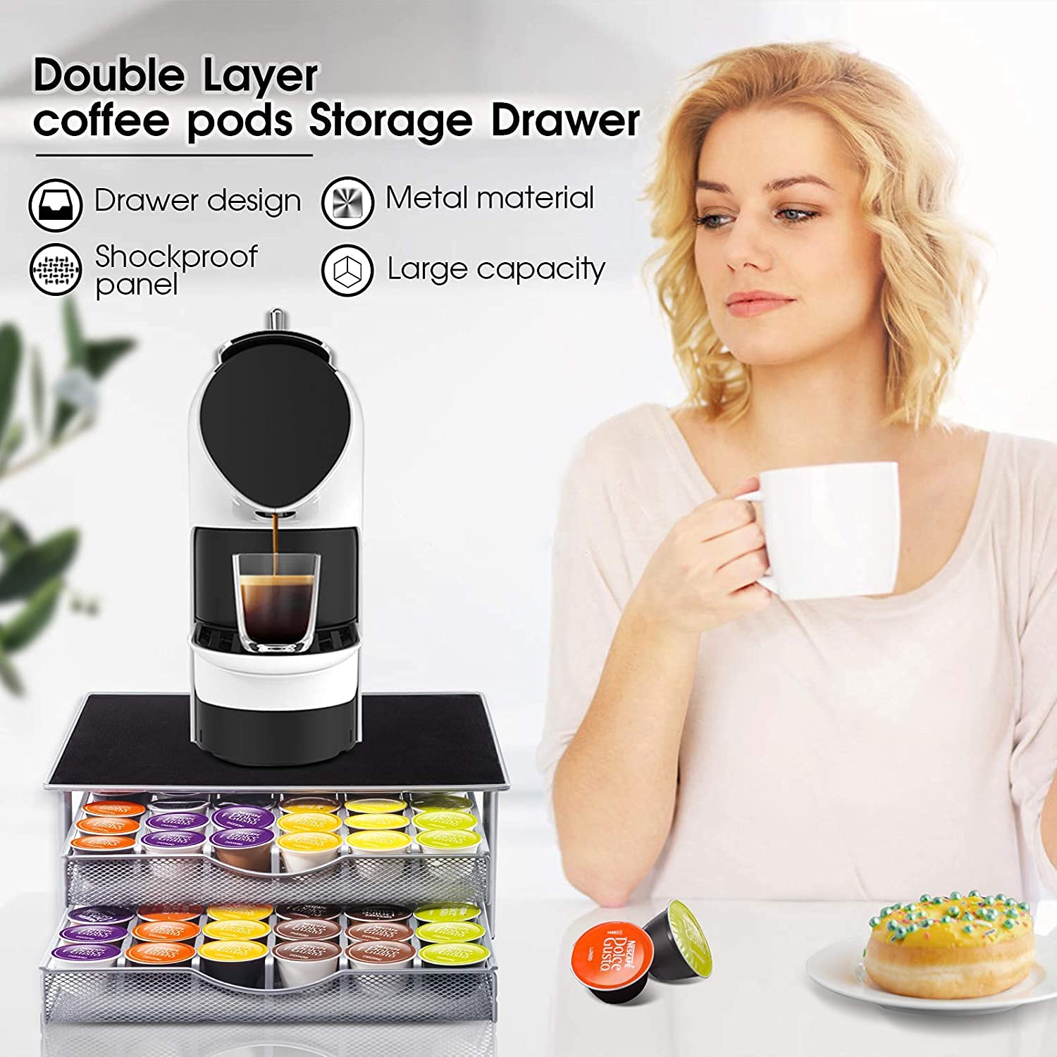 Masthome Cake Stand & 2-Tier Coffee Pod Storage Drawer, 6 in 1 Multi-Functional Serving Platter Display Stand and Coffee Pod Holder for Dolce Gusto, Gift for Birthday Christmas Wedding