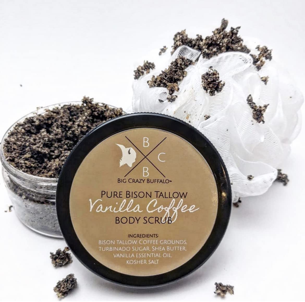 Big Crazy Buffalo Pure Bison Tallow Vanilla Coffee Body Scrub - Luxurious, Smooth Skin, Soften, Cleans and Smooths, Exfoliating, Hands, Feet, Essential Oils, Sugary, Salty, Exfoliate & Moisturize