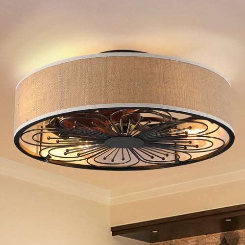 HUOGME 20" Caged Ceiling Fan with Light : Low Profile Fabric Farmhouse Remote Control Flush Mount Enclosed Ceiling Fan with Light for Bedroom Living Room Kitchen Indoor (Ginger)