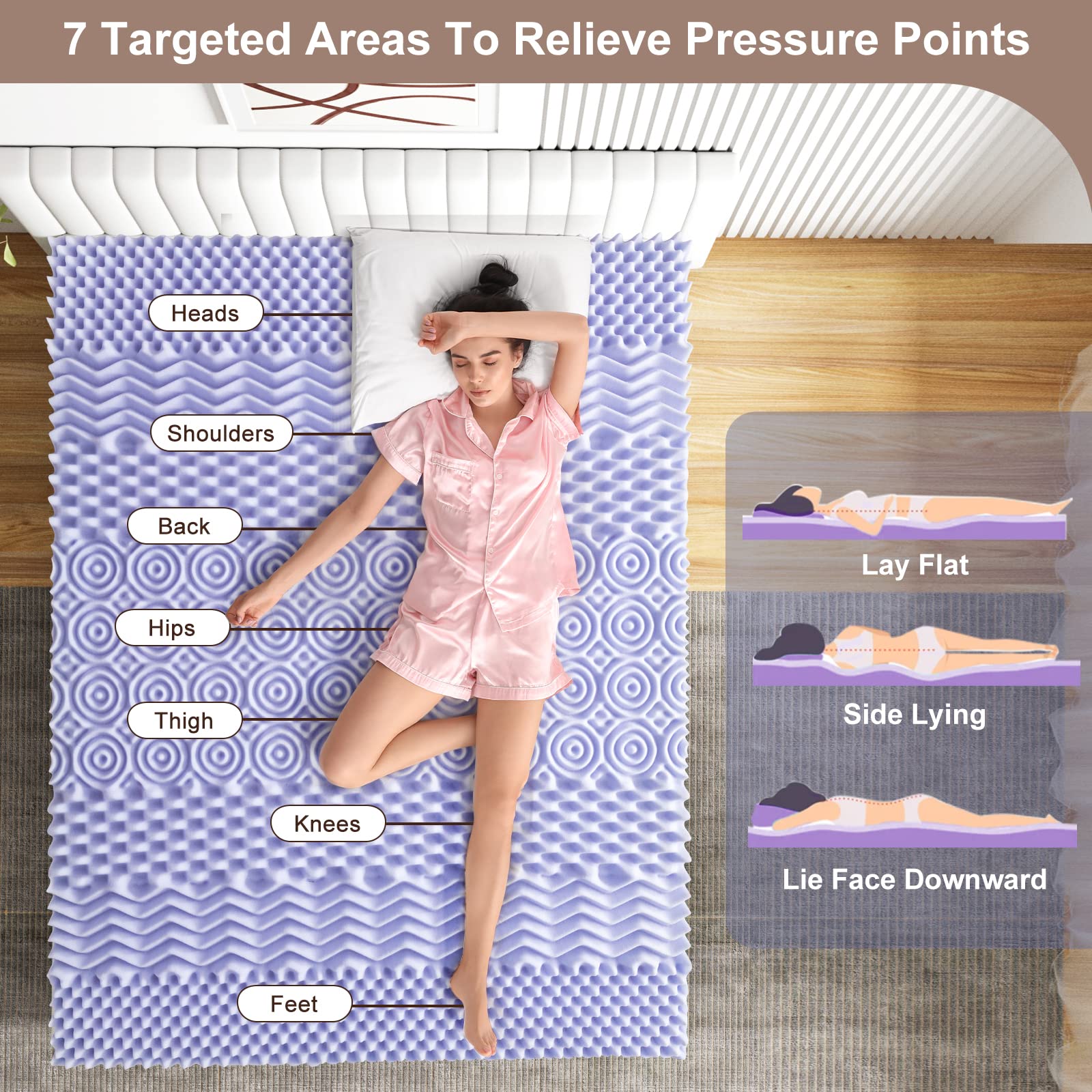UniPon 3 Inch Egg Crate Memory Foam Mattress Topper, Lavender Infused Mattress Topper, 7 Zones Memory Foam Bed Topper, CertiPUR-US Certified (Queen)