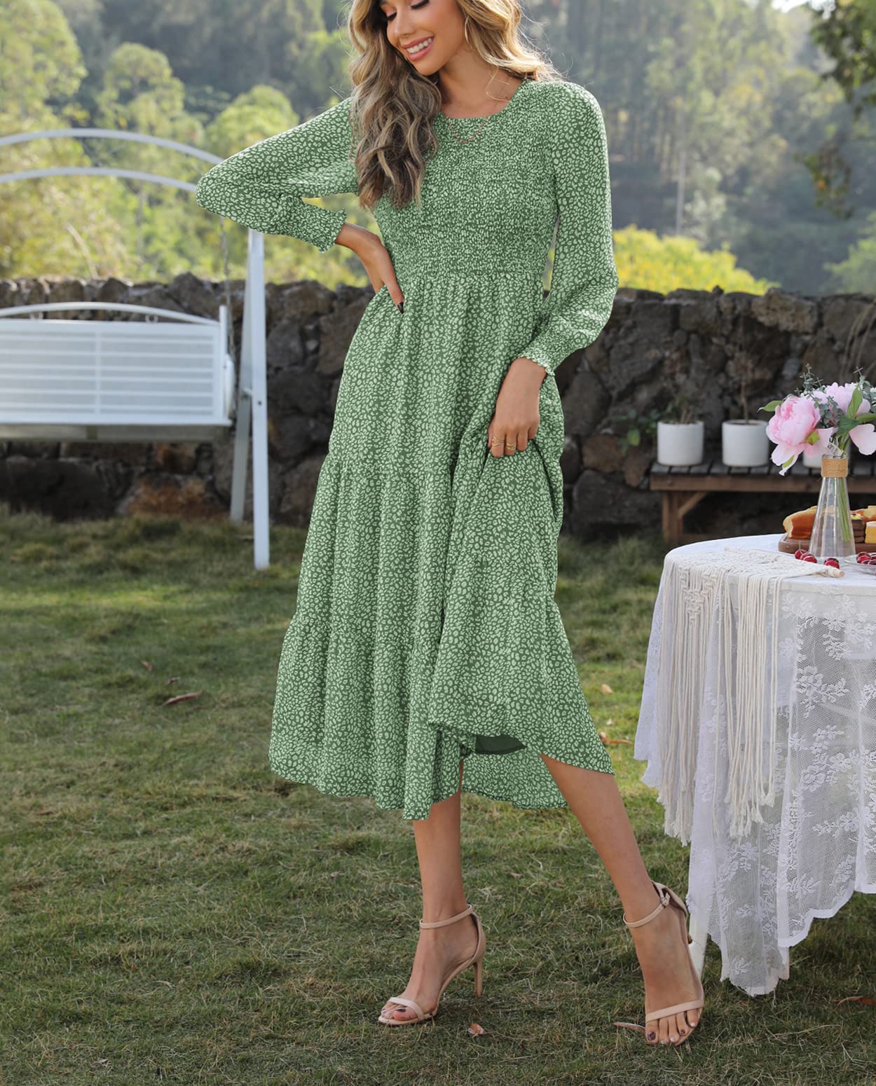 kimralur Womens Casual Long Sleeve Midi Fall Dress Crew Neck Boho Floral Print Smocked Ruffle Tiered Flowy Long Dress