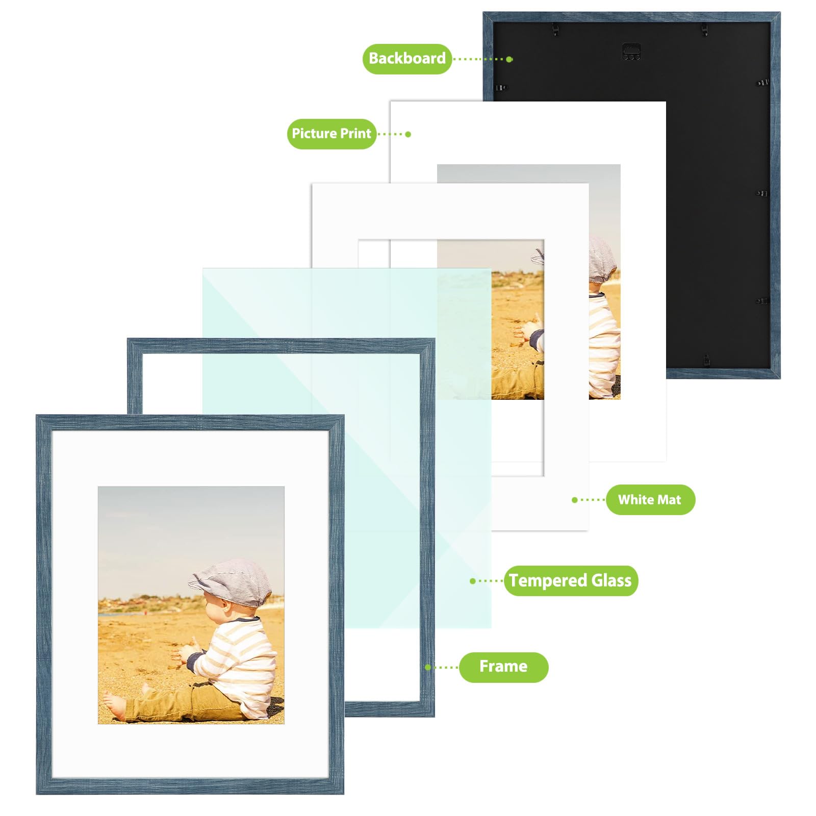 Golden State Art, 16x20 Picture Frame with Mat for 11x14 - High Definition Glass Wall Mounting Horizontal Vertical Display (Blue, 2 Pack)