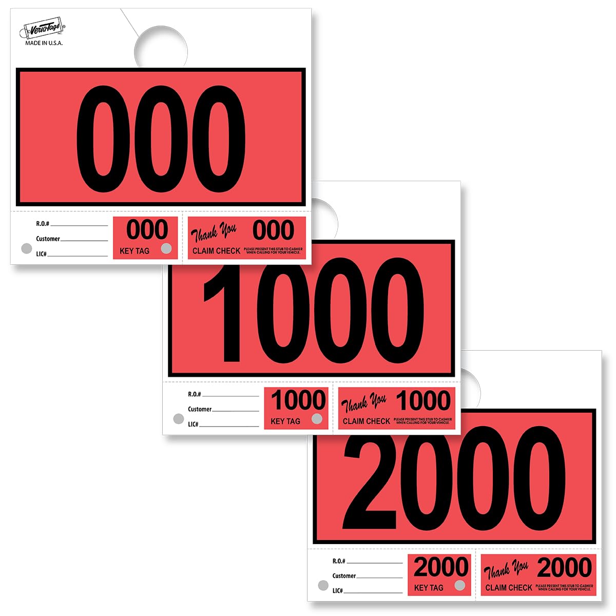 3000 Automotive 3 Part Service Dispatch Numbers Mirror Hang Tags Numbered 000, 1000, 2000 RL78 Style Color Coded Red Service Dispatch Numbers with 1.25” Slotted Hang Tag Cutout