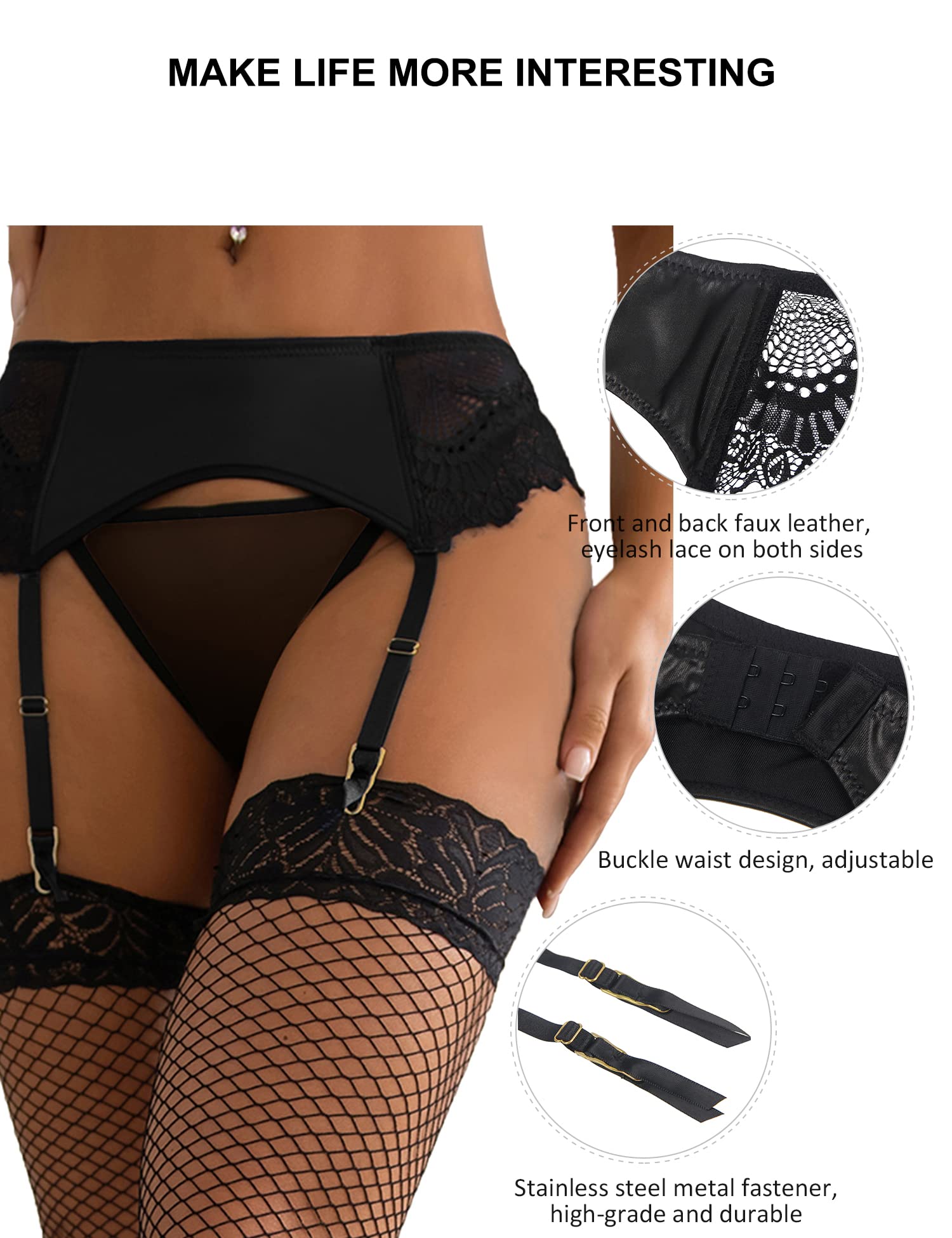 comeondear Garter Belt Plus Size Lace Women 4 Strap with G-String for Thigh Highs Black Lingerie for Women Black M